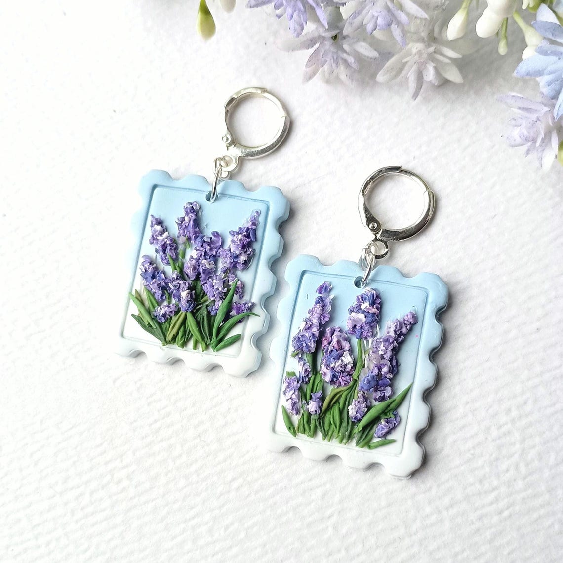 Lavender Earring Dangle Birth Flower Earring Handmade Polymer Clay ...