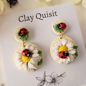 Ladybug Earrings Dangle White Daisy Earrings Handmade Polymer Clay ...