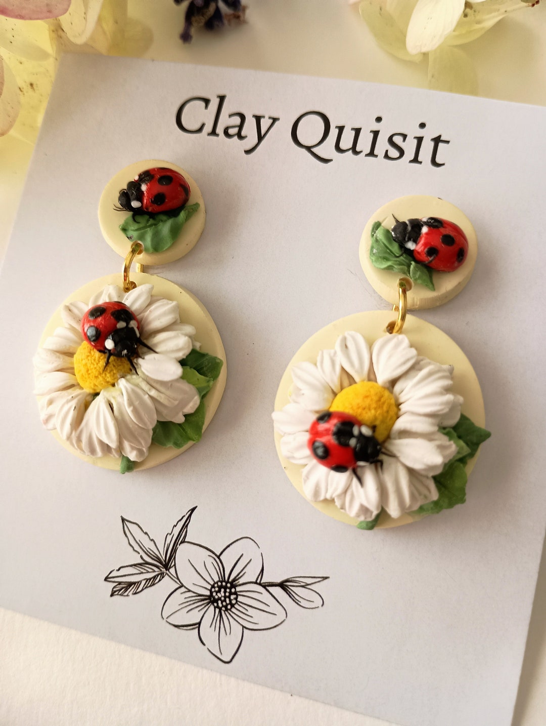 Ladybug Earrings Dangle White Daisy Earrings Handmade Polymer Clay ...