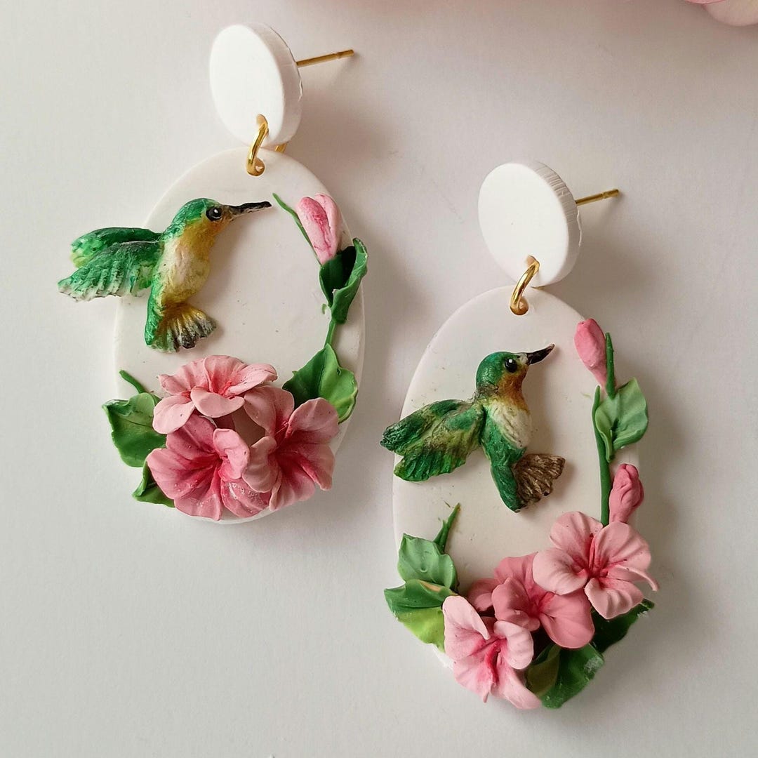 Hummingbirds Earrings Dangle Bird Earrings Handmade Polymer Clay ...