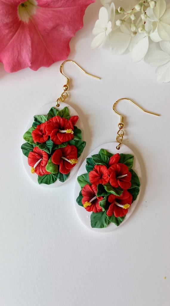 Hibiscus Earrings Dangle Polymer Clay Earrings Summer Flower Earrings Tropical Jewelry Gifts for Mother Hawaii Gifts Red Flower Earrings Etsy