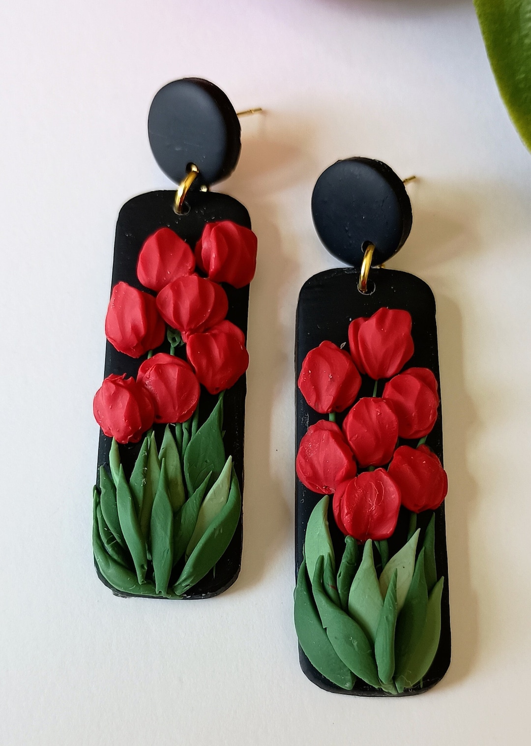 Tulip Earrings Dangle Red Flower Earrings Handmade Polymer Clay ...