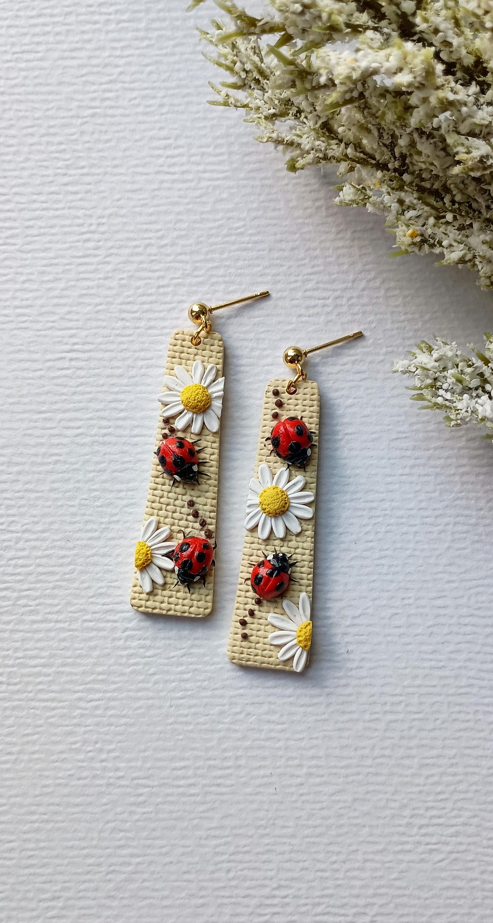 PRE-ORDER Ladybug Earrings Dangle White Daisy Earring Handmade Polymer ...