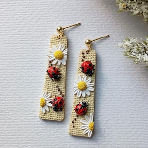 PRE-ORDER Ladybug Earrings Dangle White Daisy Earring Handmade Polymer ...