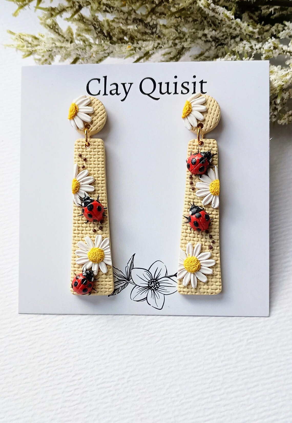 Ladybug Earrings Dangle White Daisy Earring Handmade Polymer Clay ...