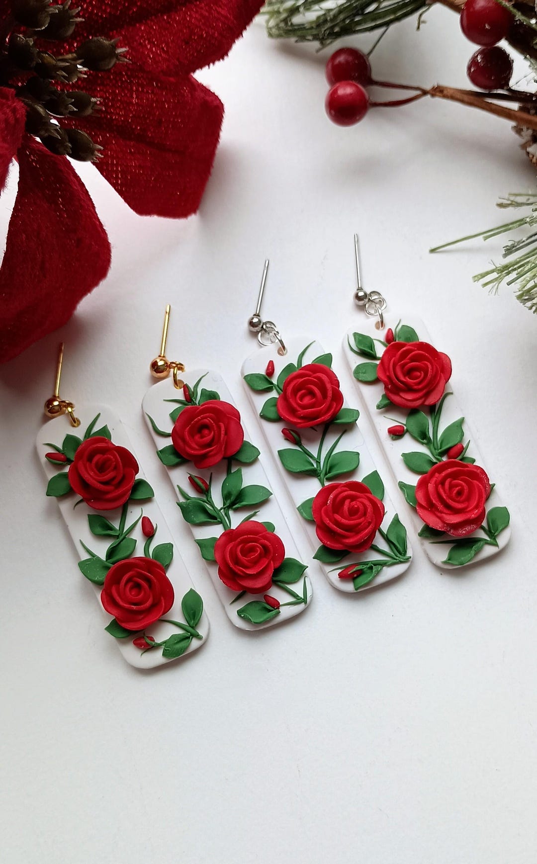 Red Rose Earrings Dangle Valentine Earrings Handmade Polymer Clay ...