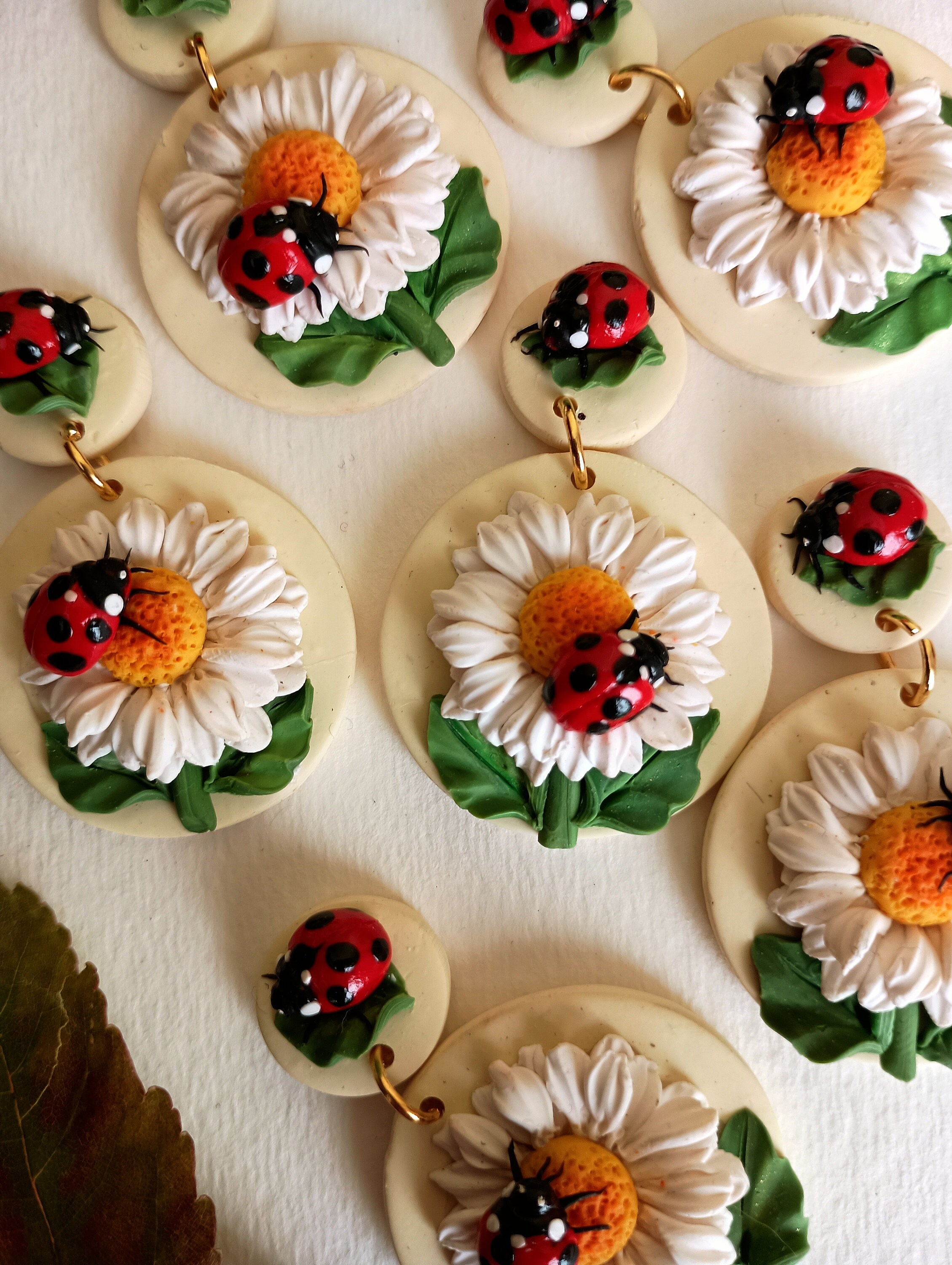 Ladybug Earrings Dangle White Daisy Earrings Handmade Polymer Clay ...