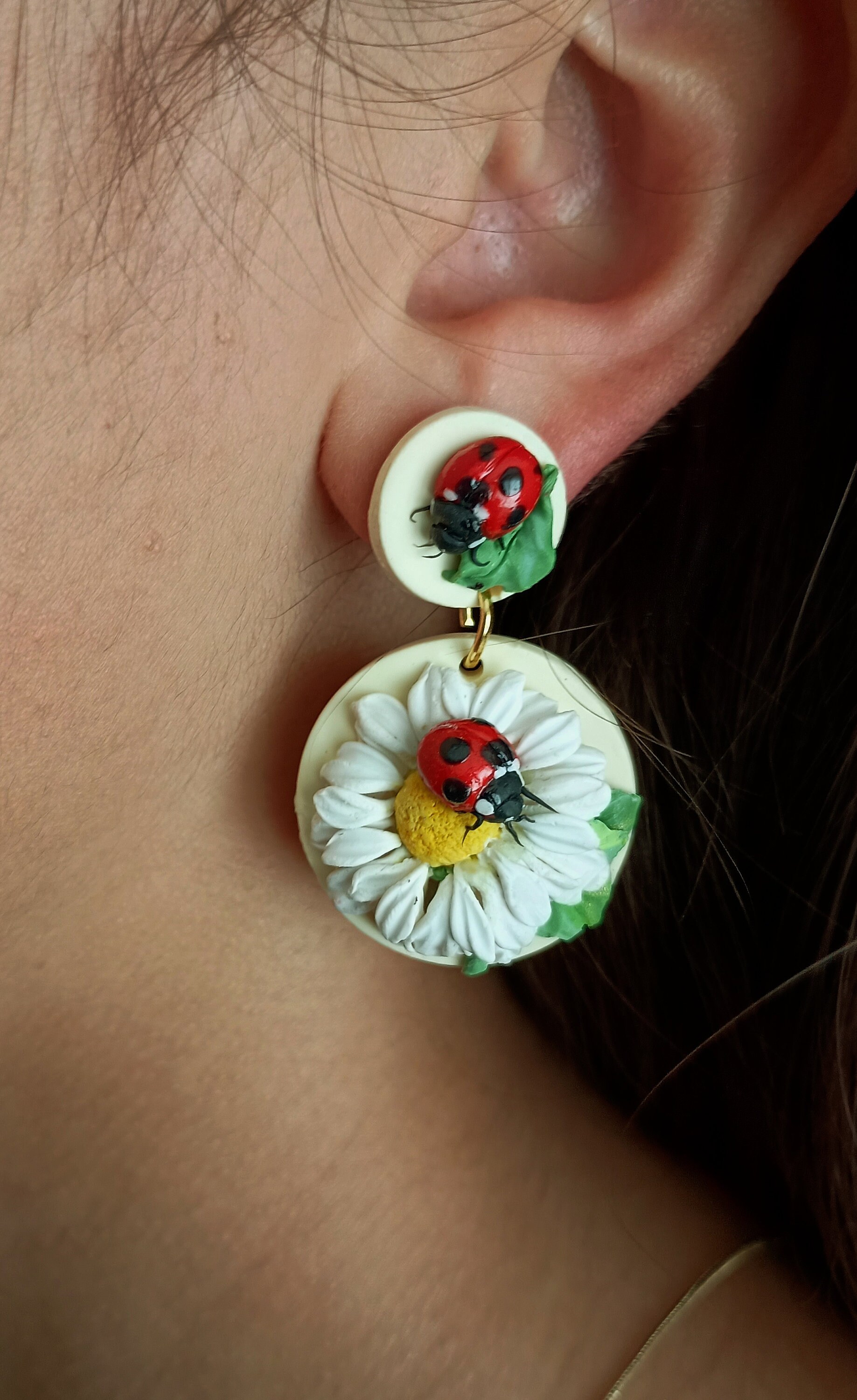 Ladybug Earrings Dangle White Daisy Earrings Handmade Polymer Clay ...