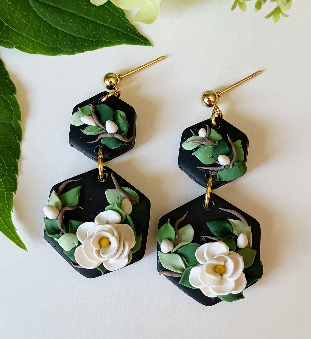 Magnolia Earrings Dangle White Flower Earrings Handmade Polymer Clay ...