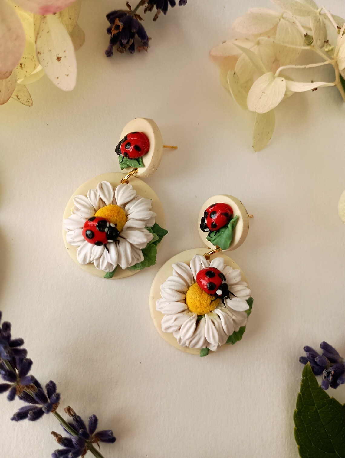 Ladybug Earrings Dangle White Daisy Earrings Handmade Polymer Clay ...