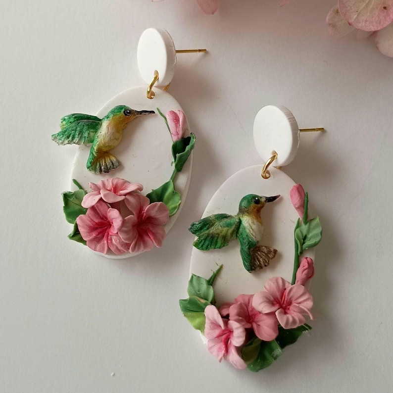 Hummingbirds Earrings Dangle Bird Earrings Handmade Polymer Clay ...