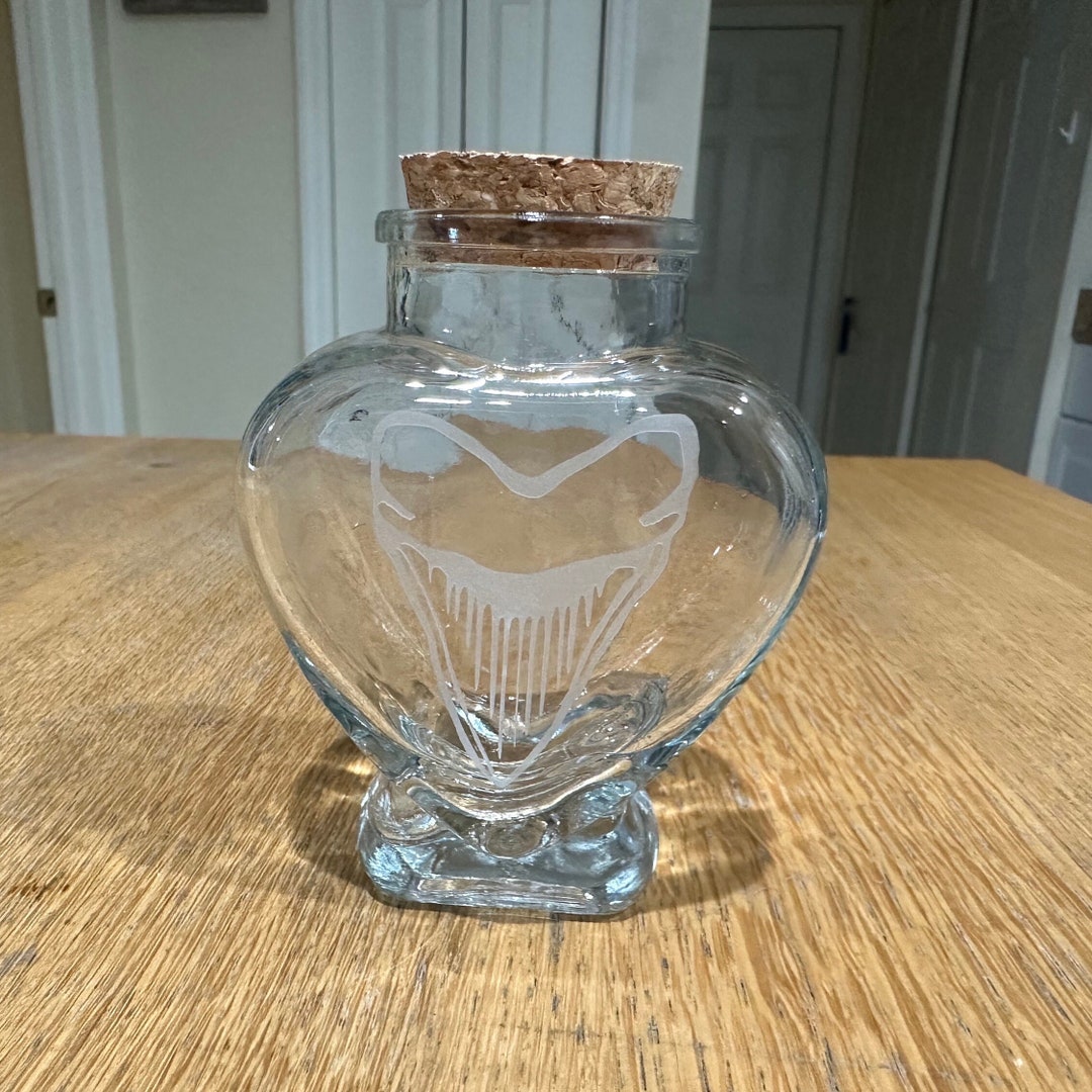 Heart Shaped Shark Tooth Treasure Jar Etched Glass Jar With Cork ...