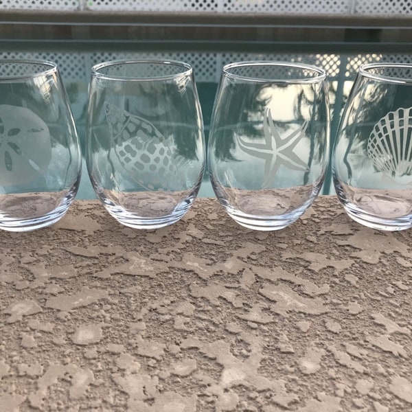 Etched Sea Shell Stemless Wine Glasses - Etsy