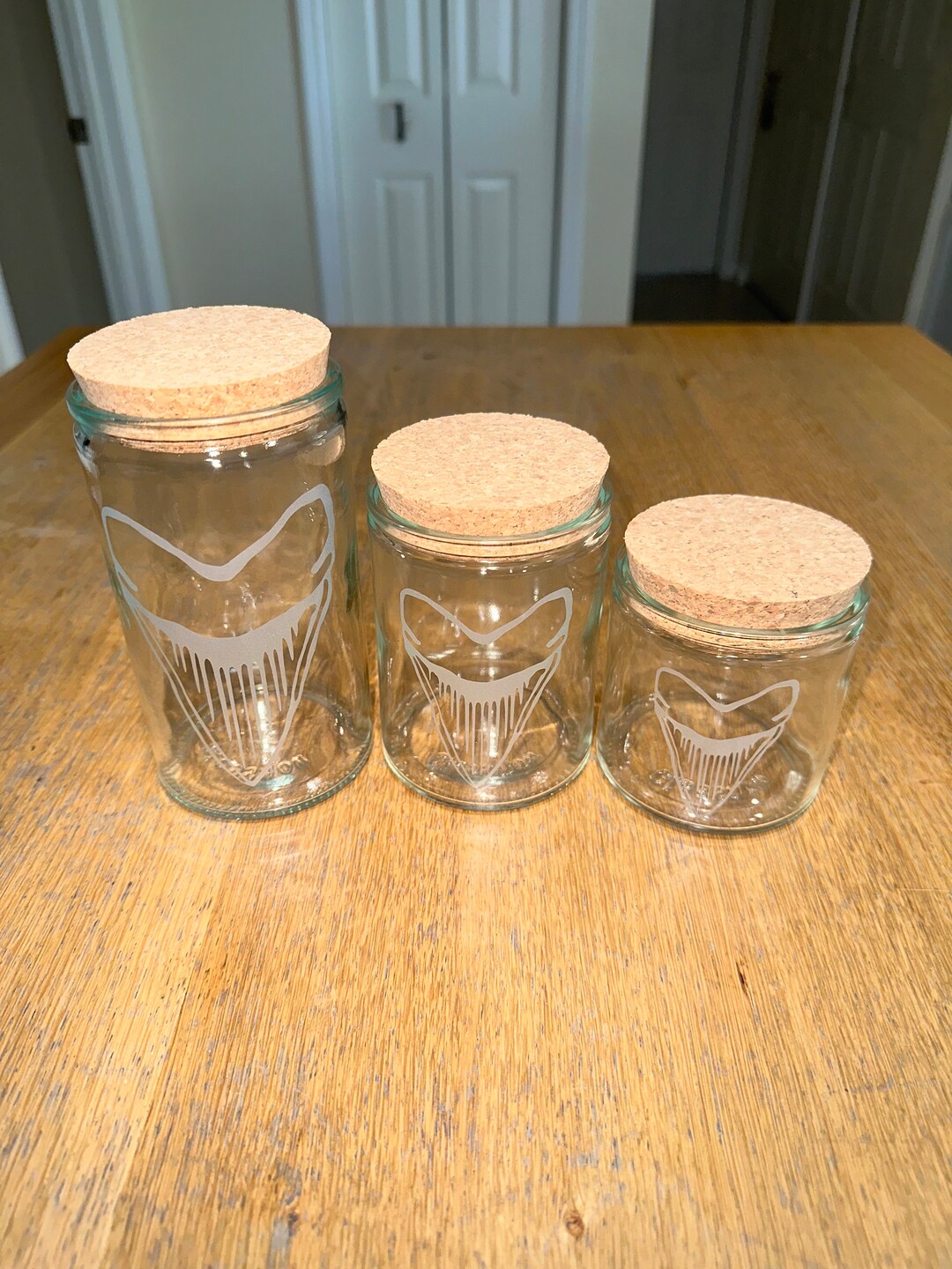 Shark Tooth Etched Cylinder Glass Jar With Cork Top 9oz, 12oz, 16oz ...