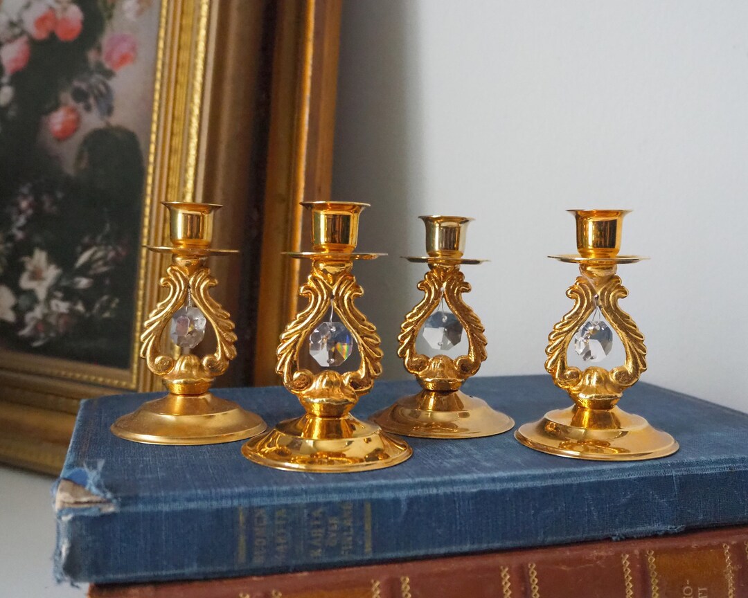 Set of Four Vintage Candlestick Holders | Gold Plated Crystal ...