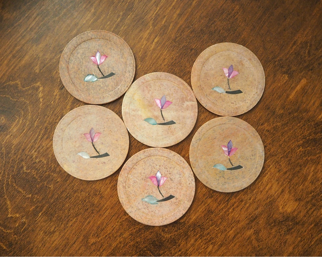 Vintage Coasters | Set of Six Stone Coasters With Mother of Pearl ...