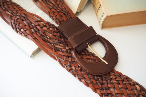 Vintage leather belt Braided leather belt Brown leather | Etsy