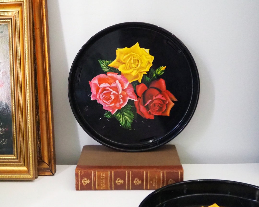 Set of Two Vintage Trays | Vintage Rose Trays | Vintage Floral Metal ...