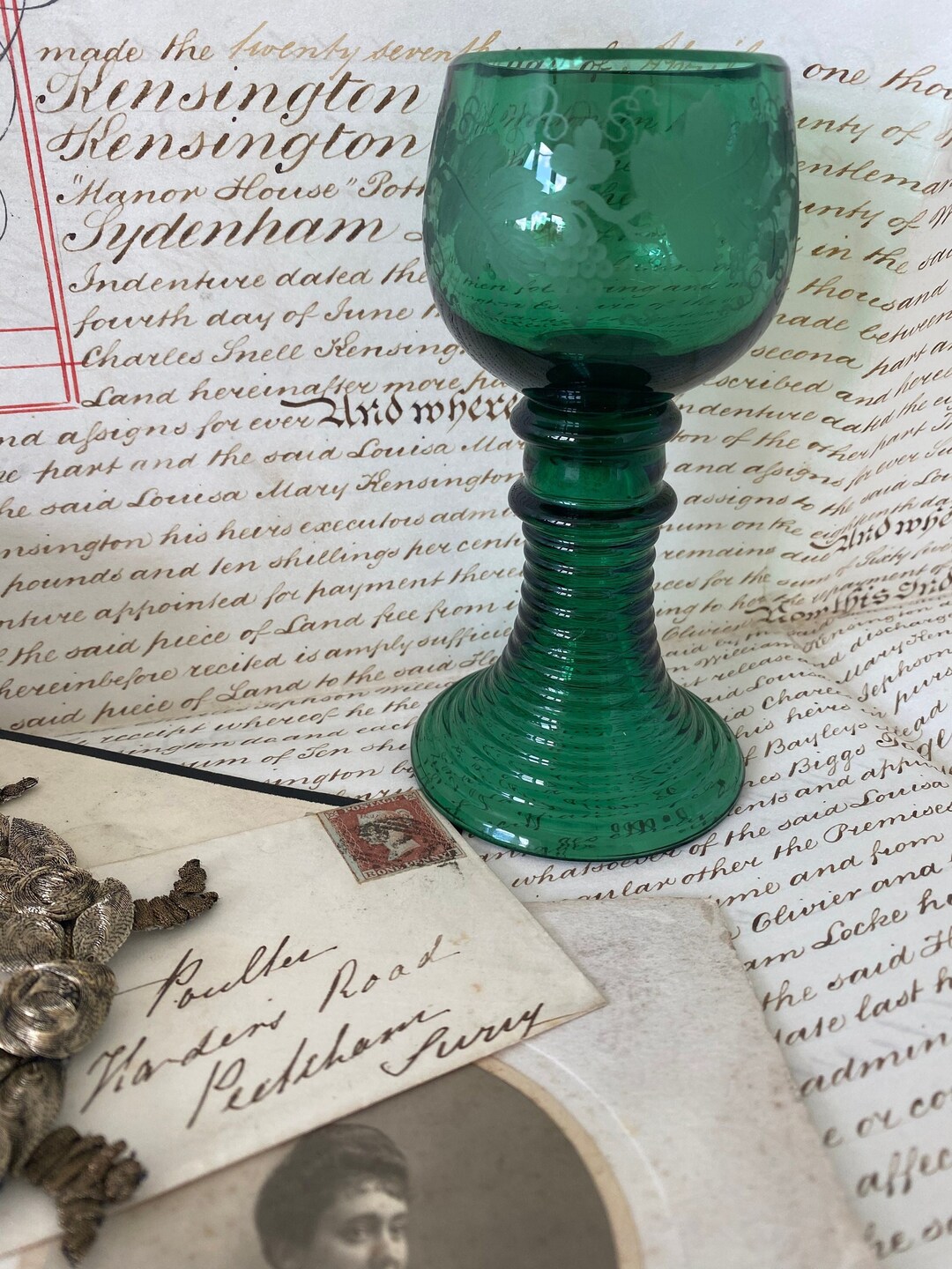 Antique Green Glass Roemer With Grapes and Vine Leaves. Antique Glass ...