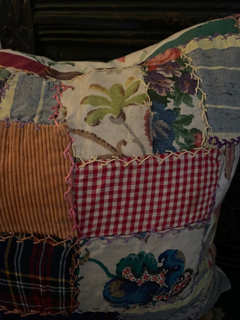Vintage Crazy Patchwork Cushion. Hand Embroidered Patchwork Cushion. 1940s Crazy Patchwork ...