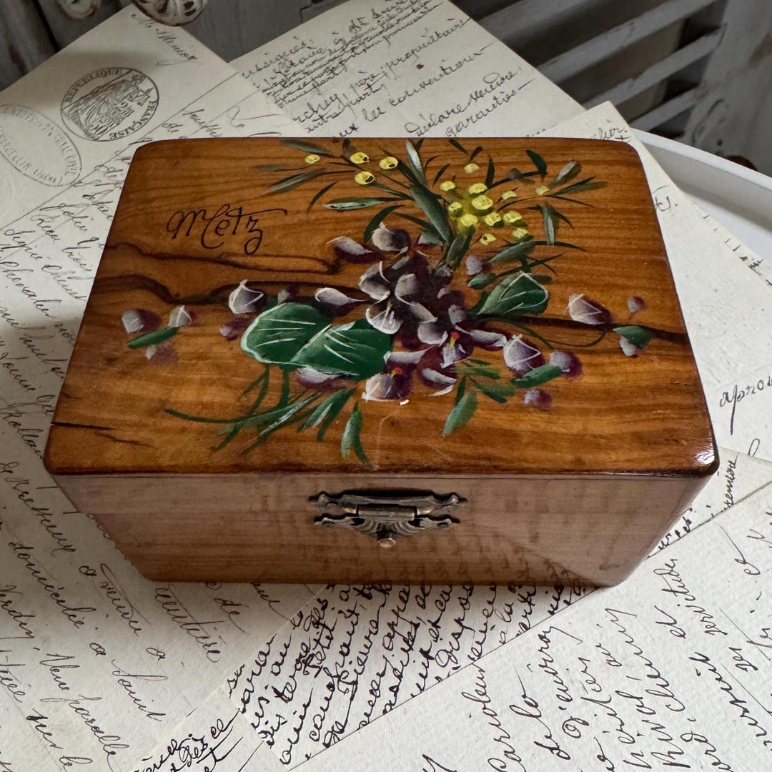 Antique French Olive Wood Box With Hand Painted Violets and Mimosa ...