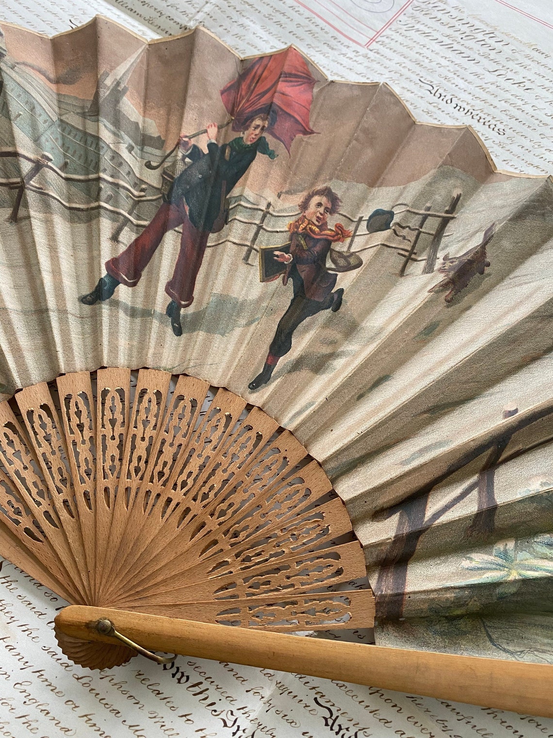Antique Hand Fan With A Charming Scene of Two Boys Walking the Dog ...