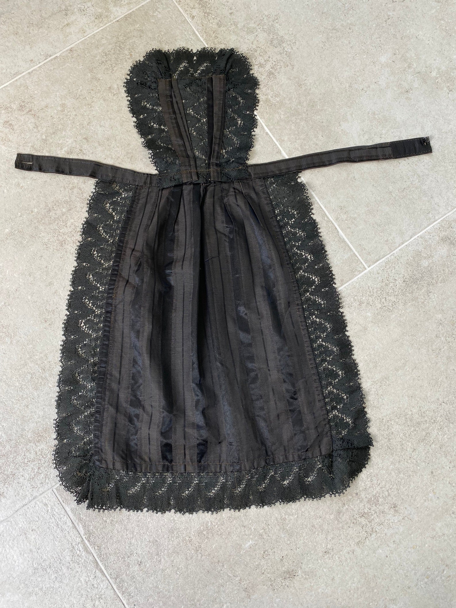 Antique Bedfordshire Lace Trimmed Victorian Pinafore. Black. Silk ...