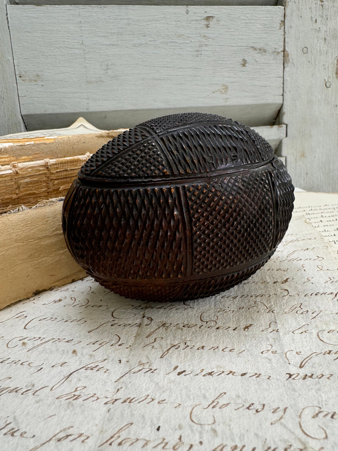 Victorian Sailors Folk Art Hand Carved Coconut Shell Trinket Box ...