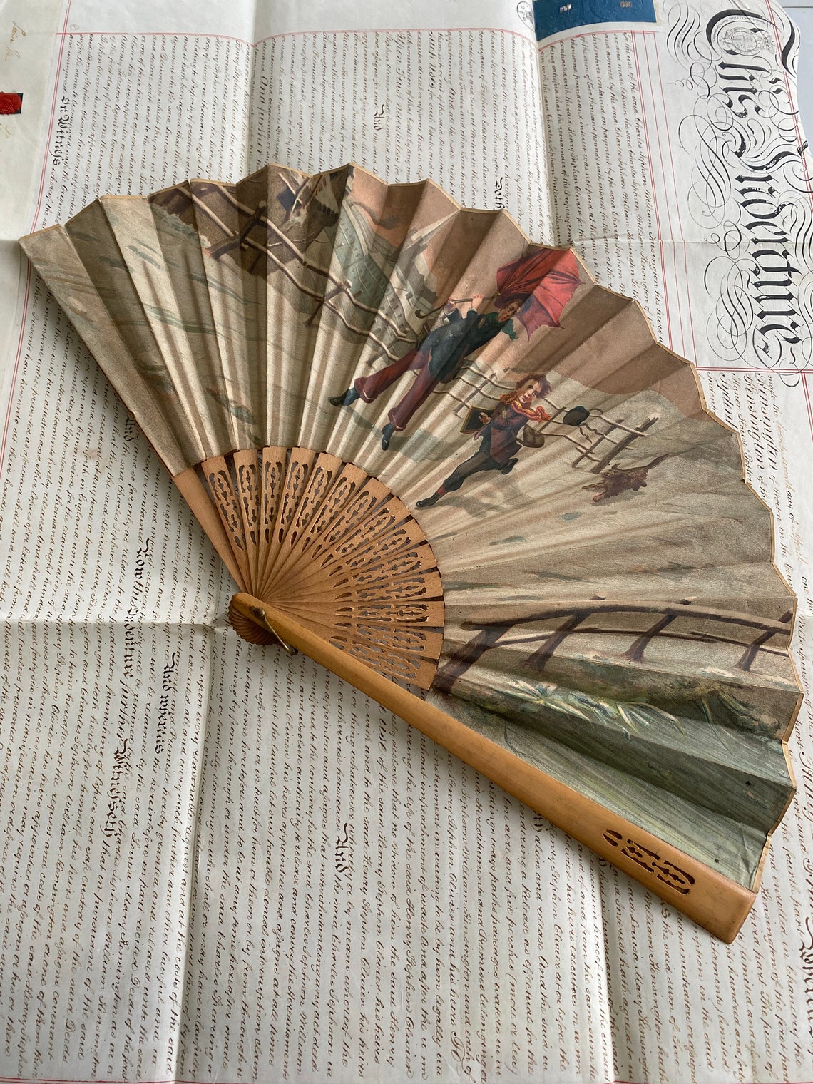 Antique Hand Fan With A Charming Scene of Two Boys Walking the Dog ...