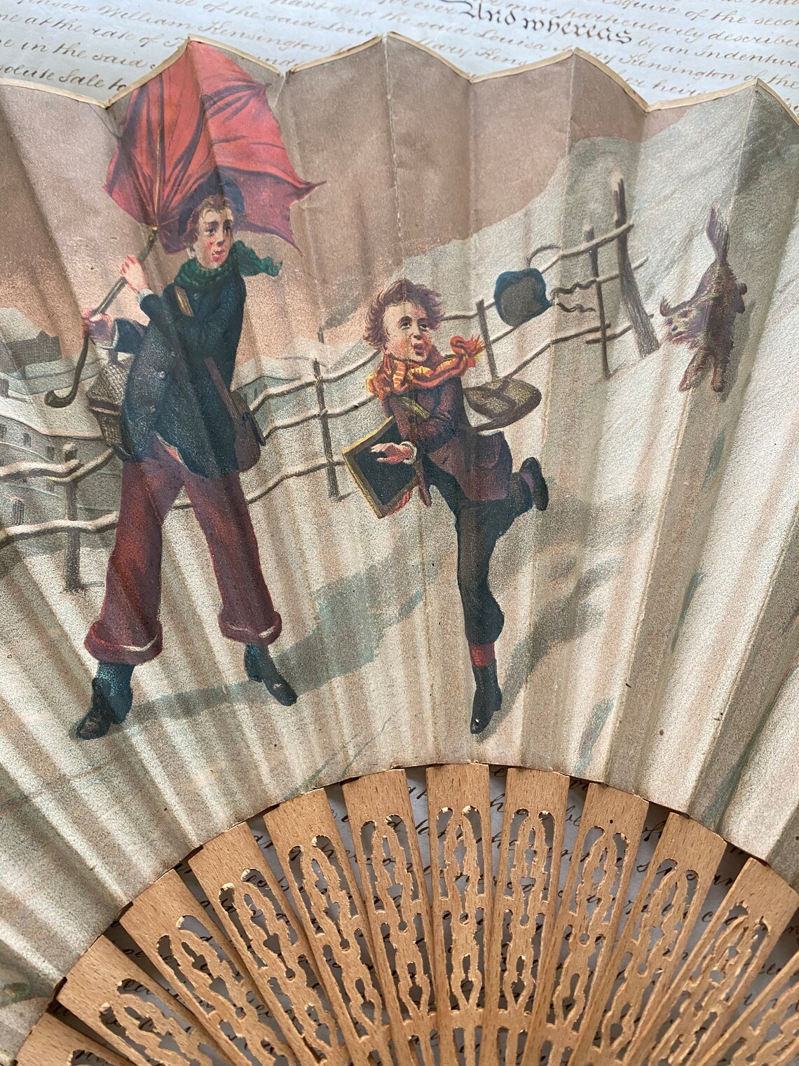 Antique Hand Fan With A Charming Scene of Two Boys Walking the Dog ...