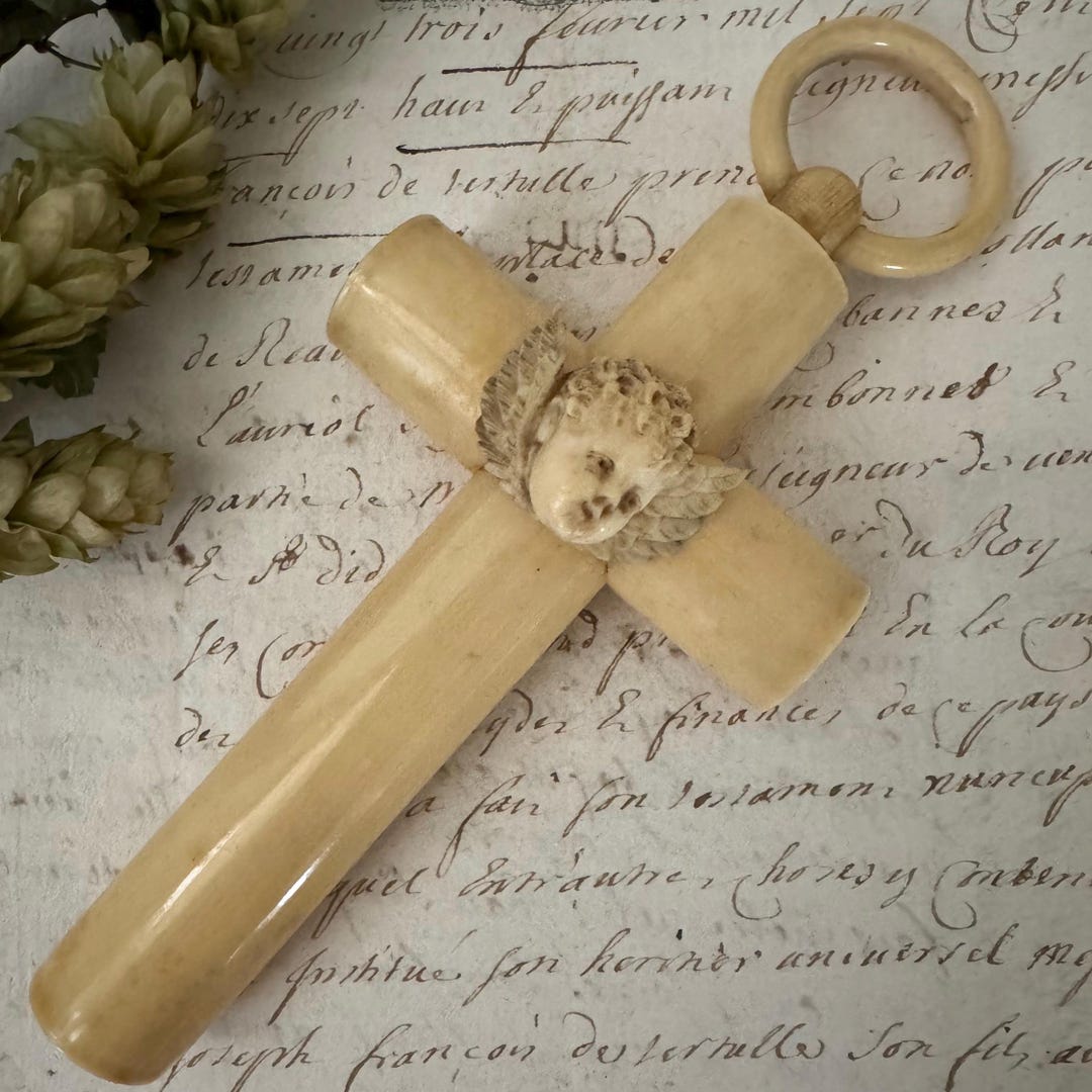 Antique French Crib Protector in the Form of A Cross and Angel Head ...