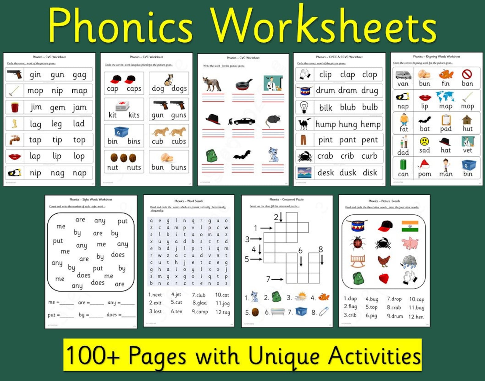 Phonics Worksheets | CVC Worksheets | CVCC , CCVC Worksheets | Sight ...