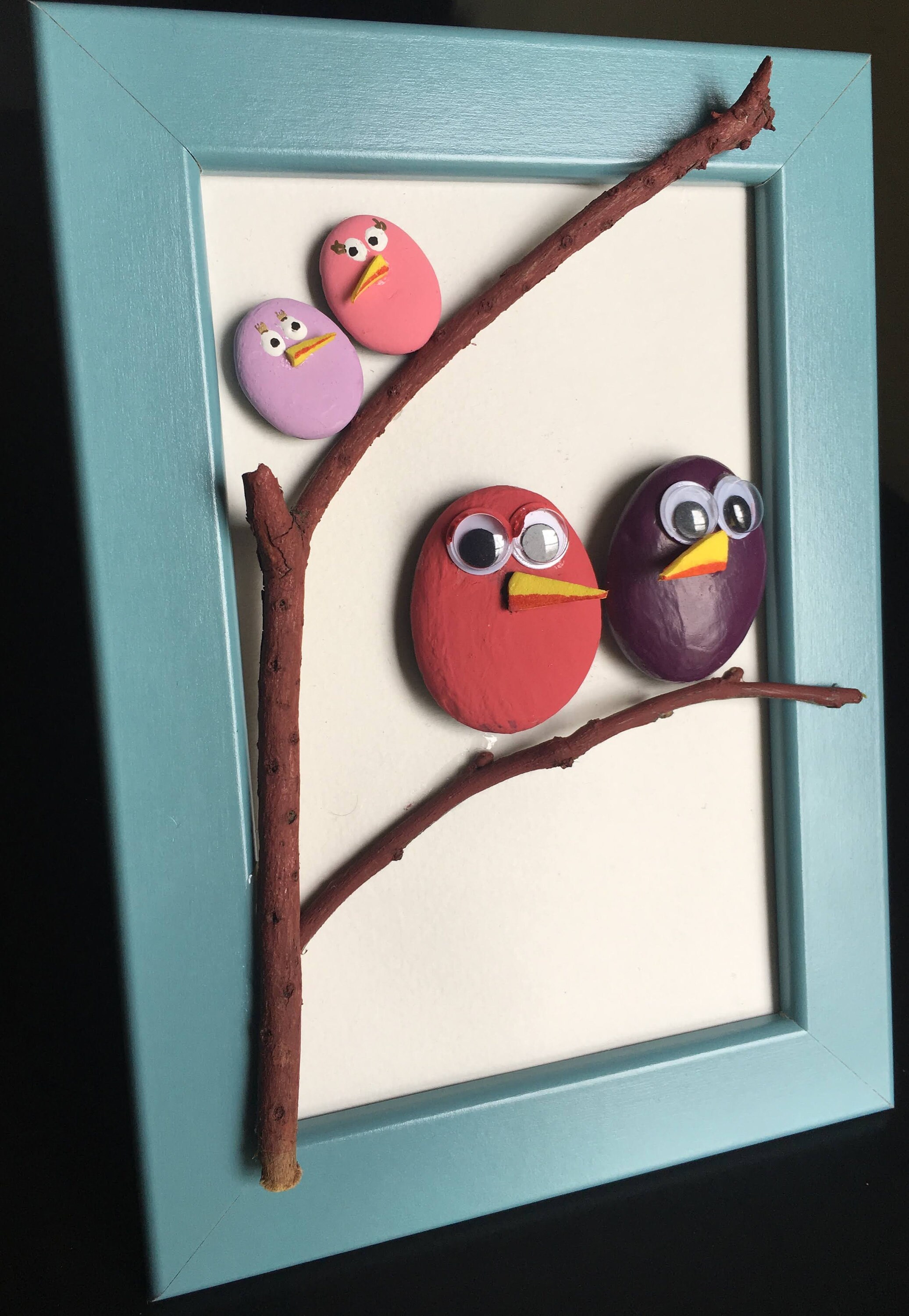 Pebble Art of Colorful Birds, Birds Resting in Tree Framed, Gift for ...