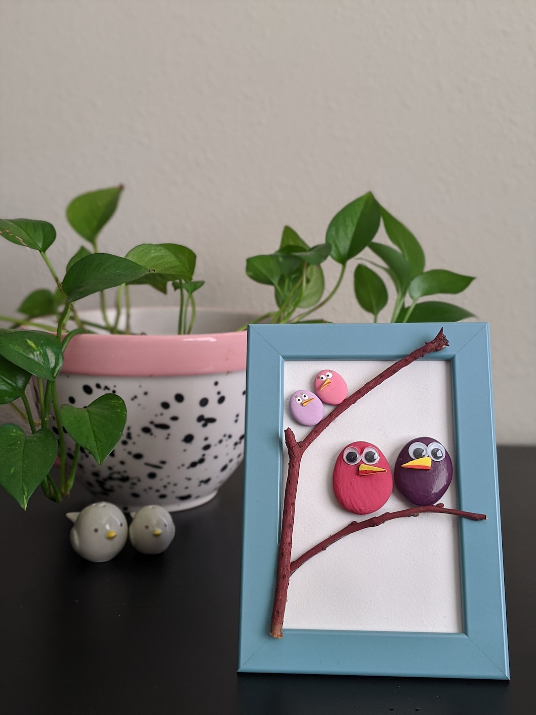 Pebble Art of Colorful Birds, Birds Resting in Tree Framed, Gift for ...