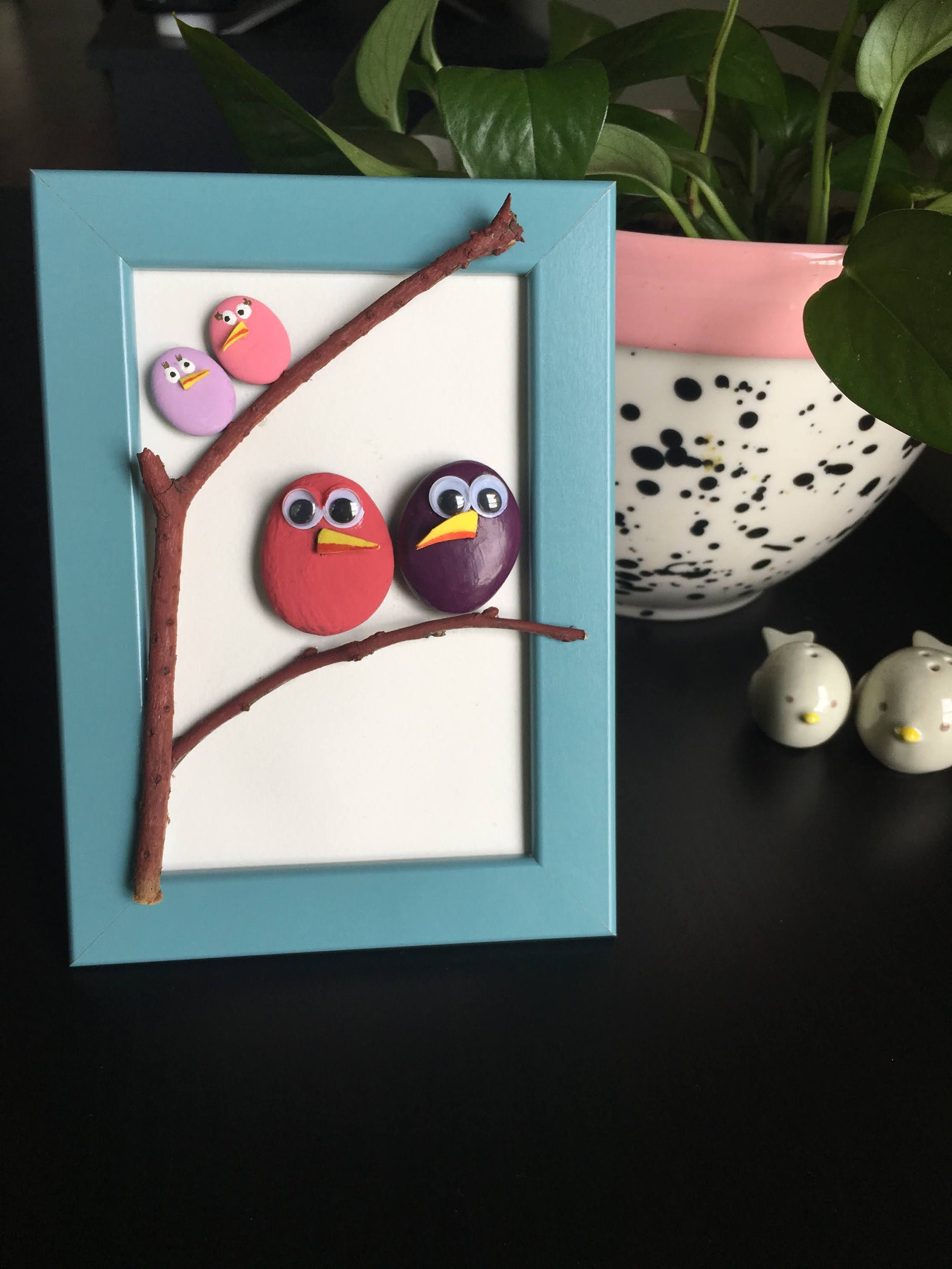 Pebble Art of Colorful Birds, Birds Resting in Tree Framed, Gift for ...