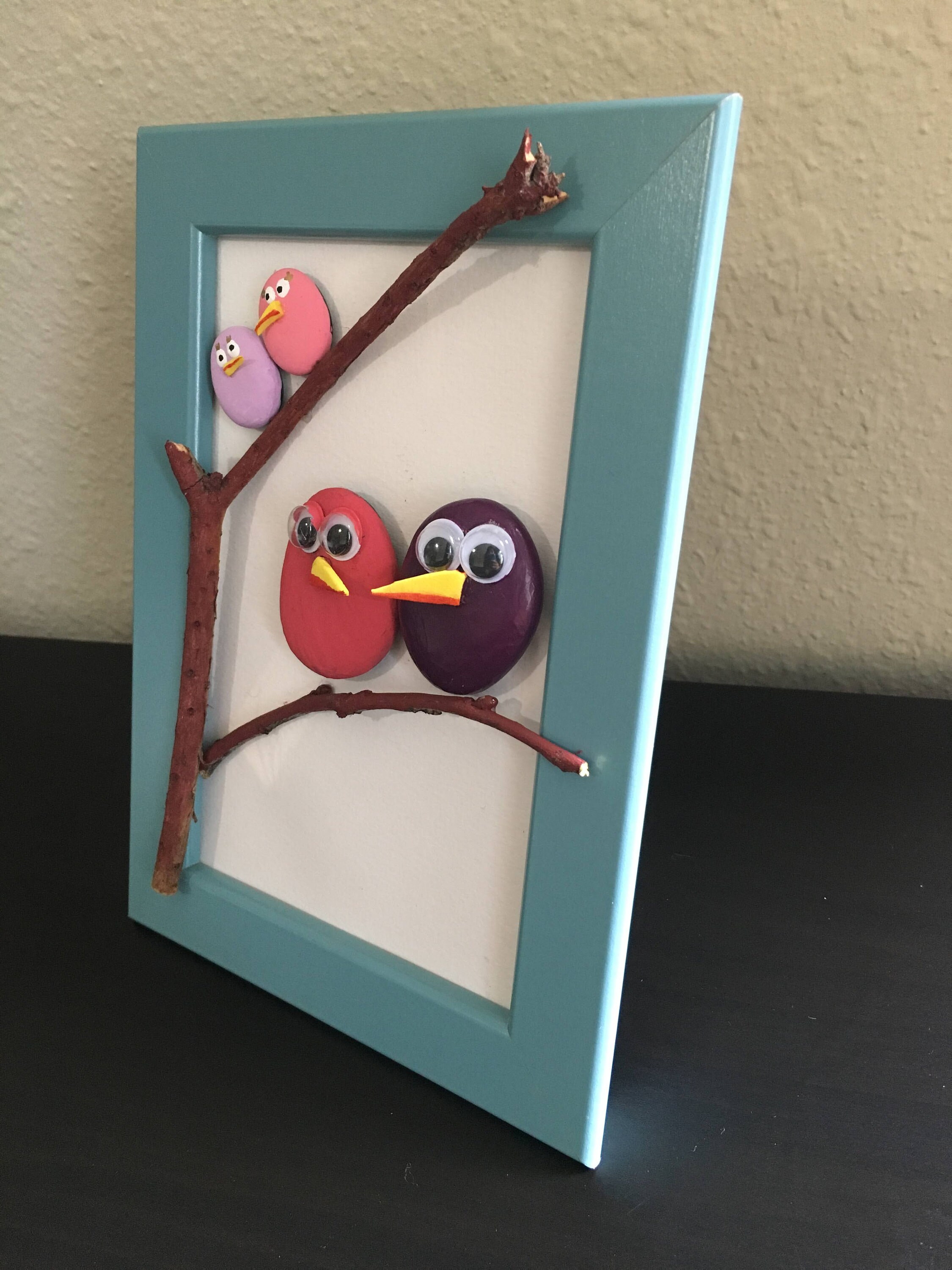 Pebble Art of Colorful Birds, Birds Resting in Tree Framed, Gift for ...