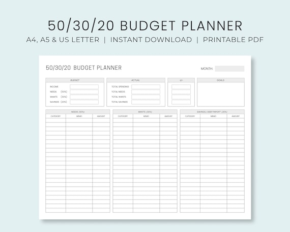 Monthly Budget Planner 50/30/20 Rule Income & Expense Money - Etsy