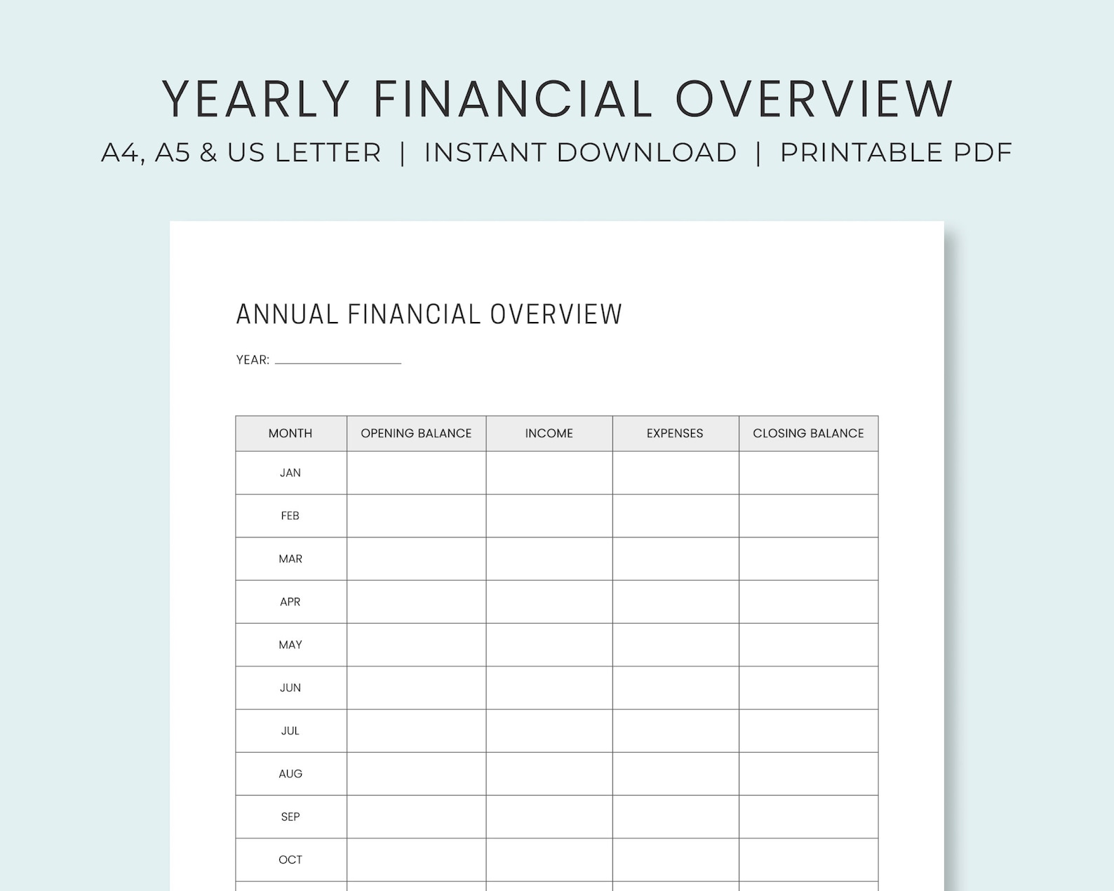 Yearly Financial Overview Printable | Annual Finance Organizer | Income ...