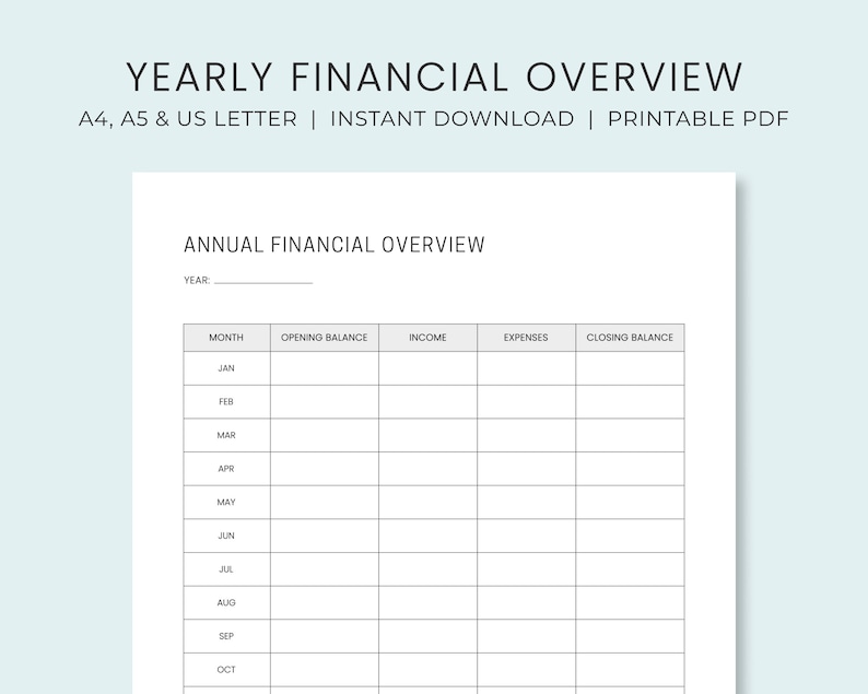 Yearly Financial Overview Printable | Annual Finance Organizer | Income ...