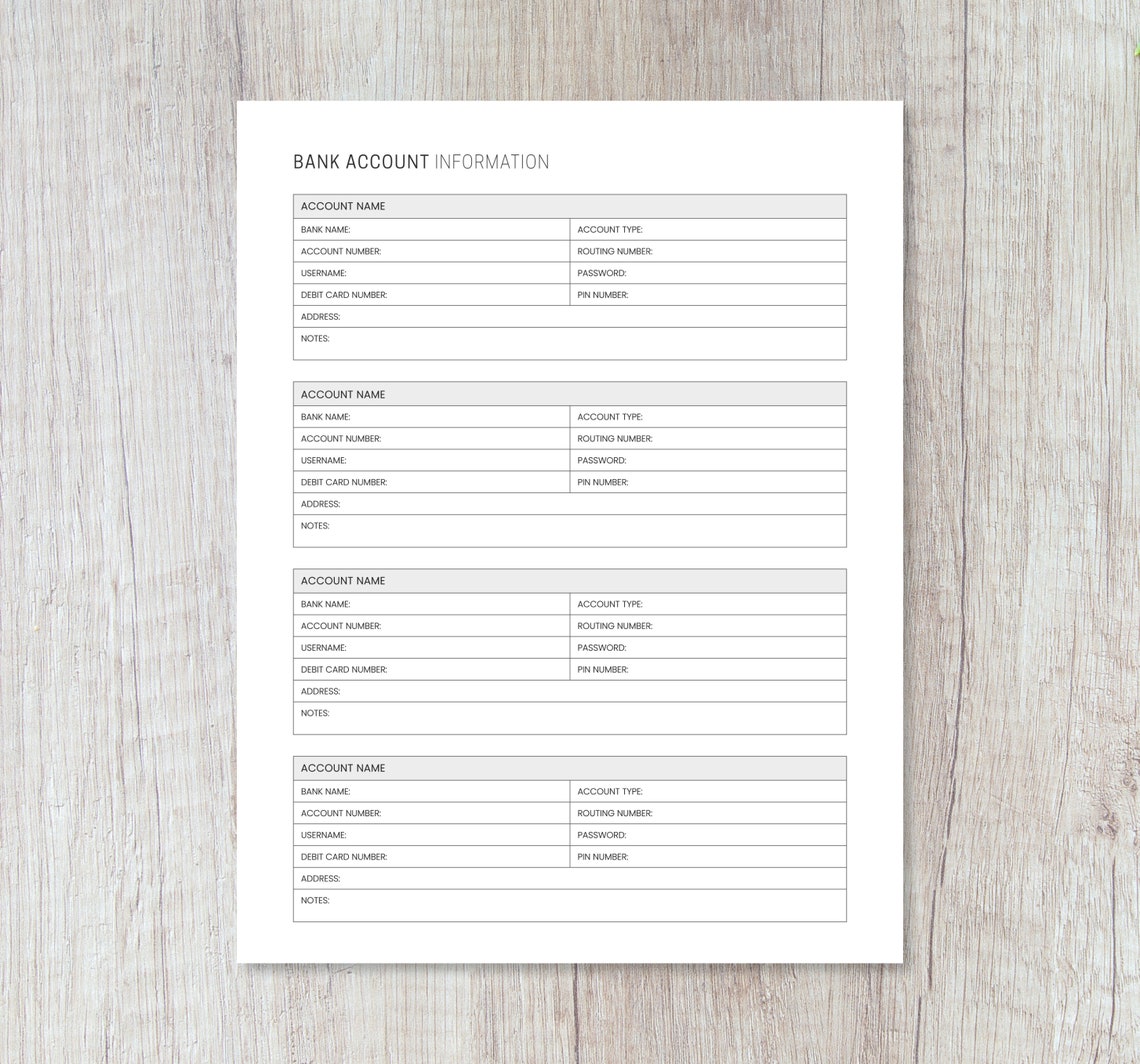 Bank Account Information Tracker Printable Financial Account - Etsy