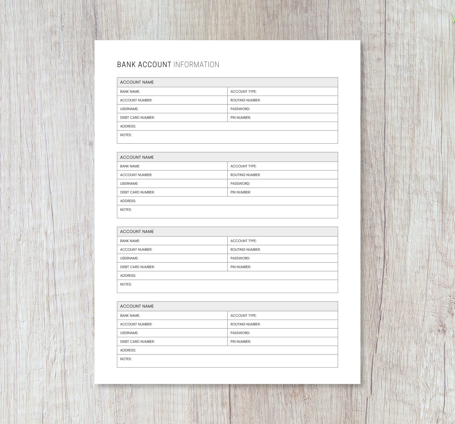 Bank Account Information Tracker Printable Financial Account Log ...