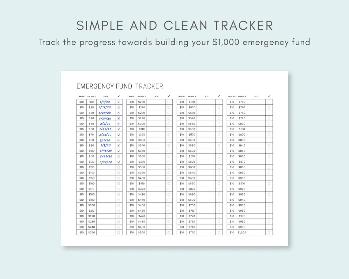 Emergency Fund Savings Tracker Printable | 1000 Rainy Day Fund ...