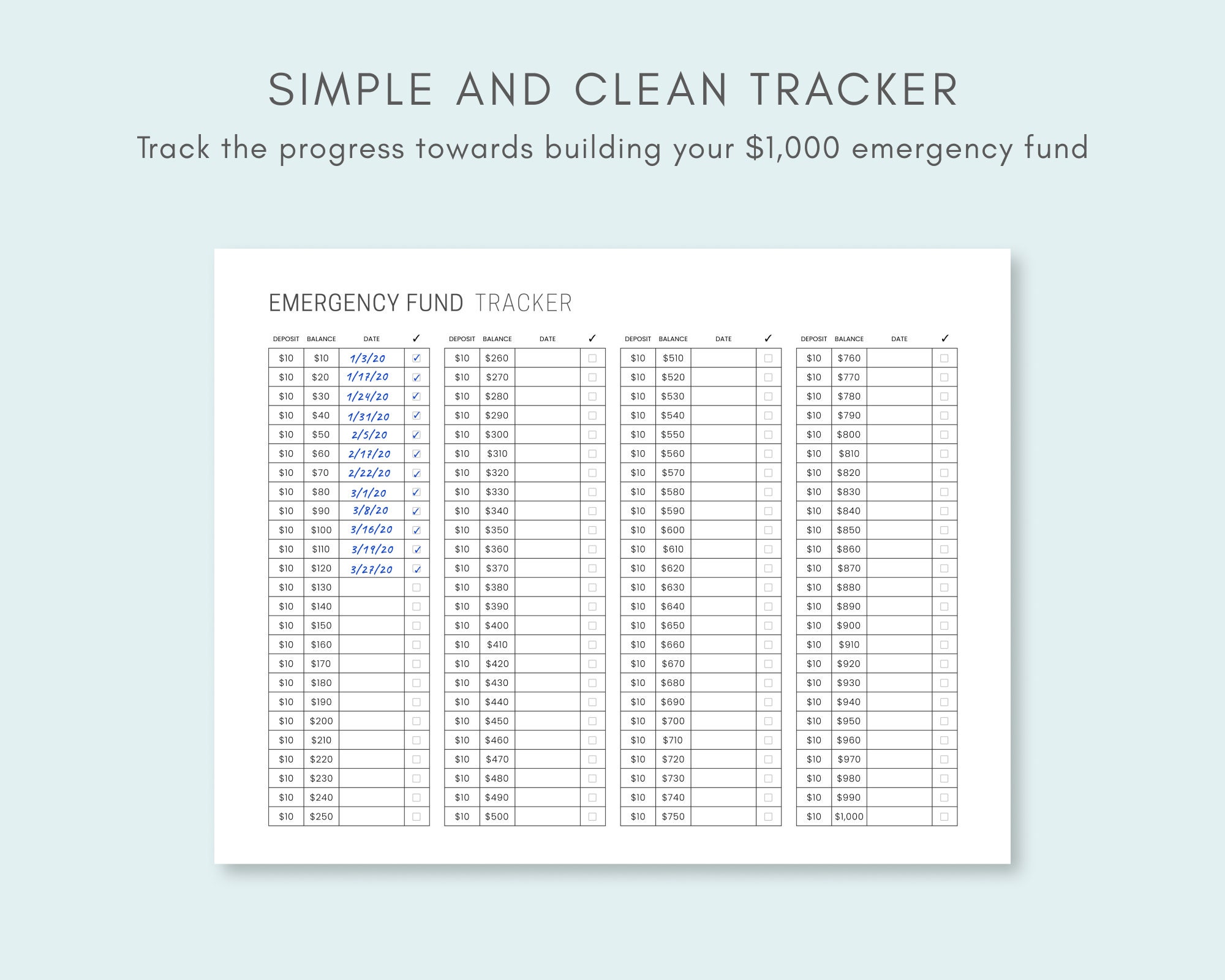 Emergency Fund Savings Tracker Printable | 1000 Rainy Day Fund ...