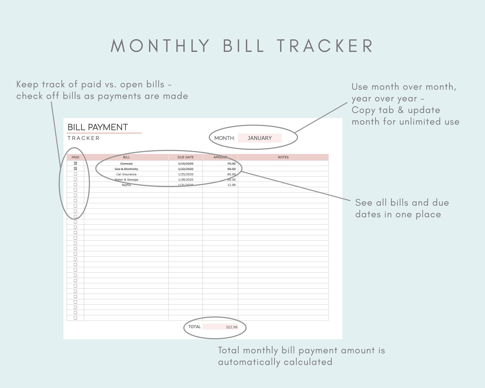 Bill Payment Tracker Spreadsheet Bill Pay Organizer Template - Etsy
