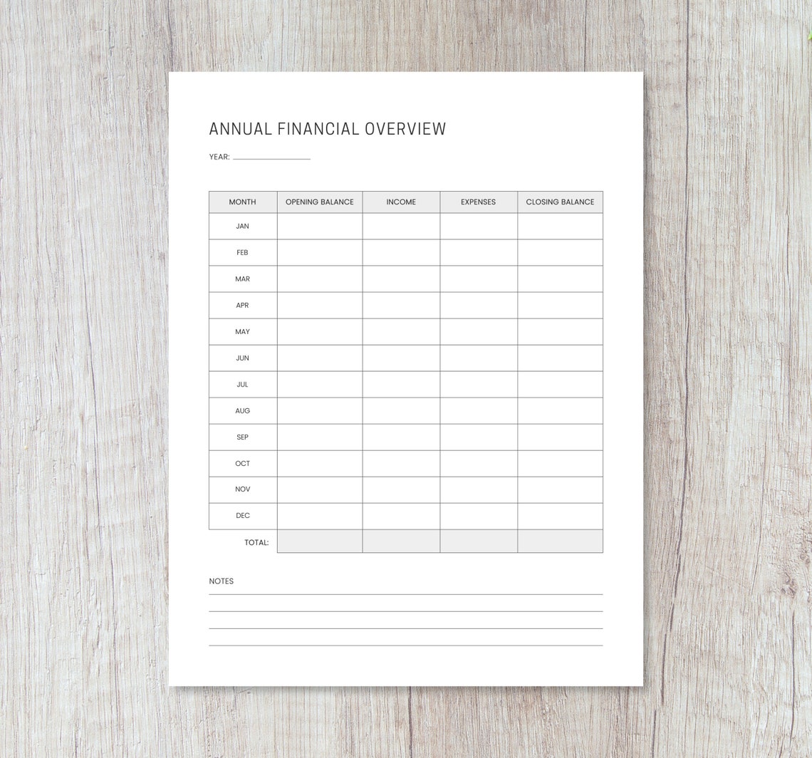 Yearly Financial Overview Printable | Annual Finance Organizer | Income ...
