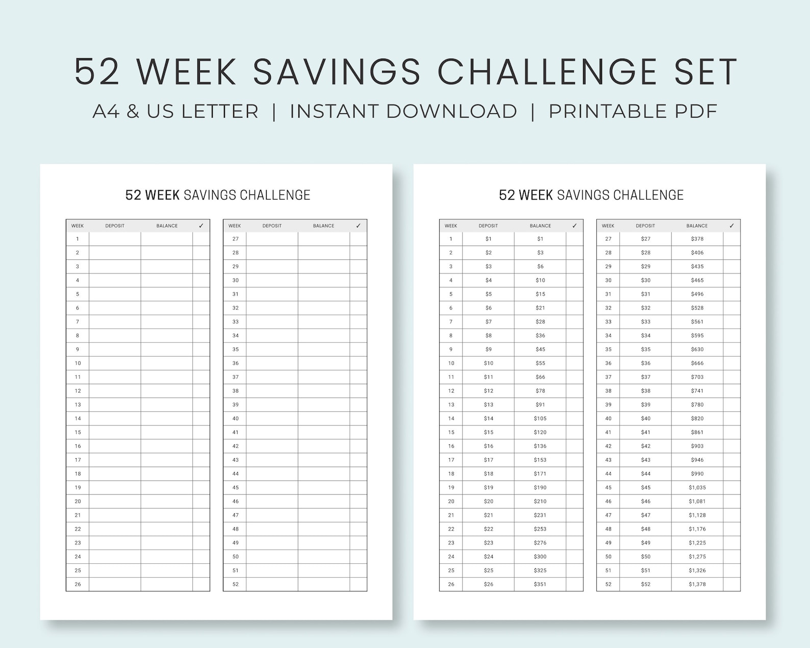52 Week Savings Challenge Tracker Printable Set | Money Savings Planner ...