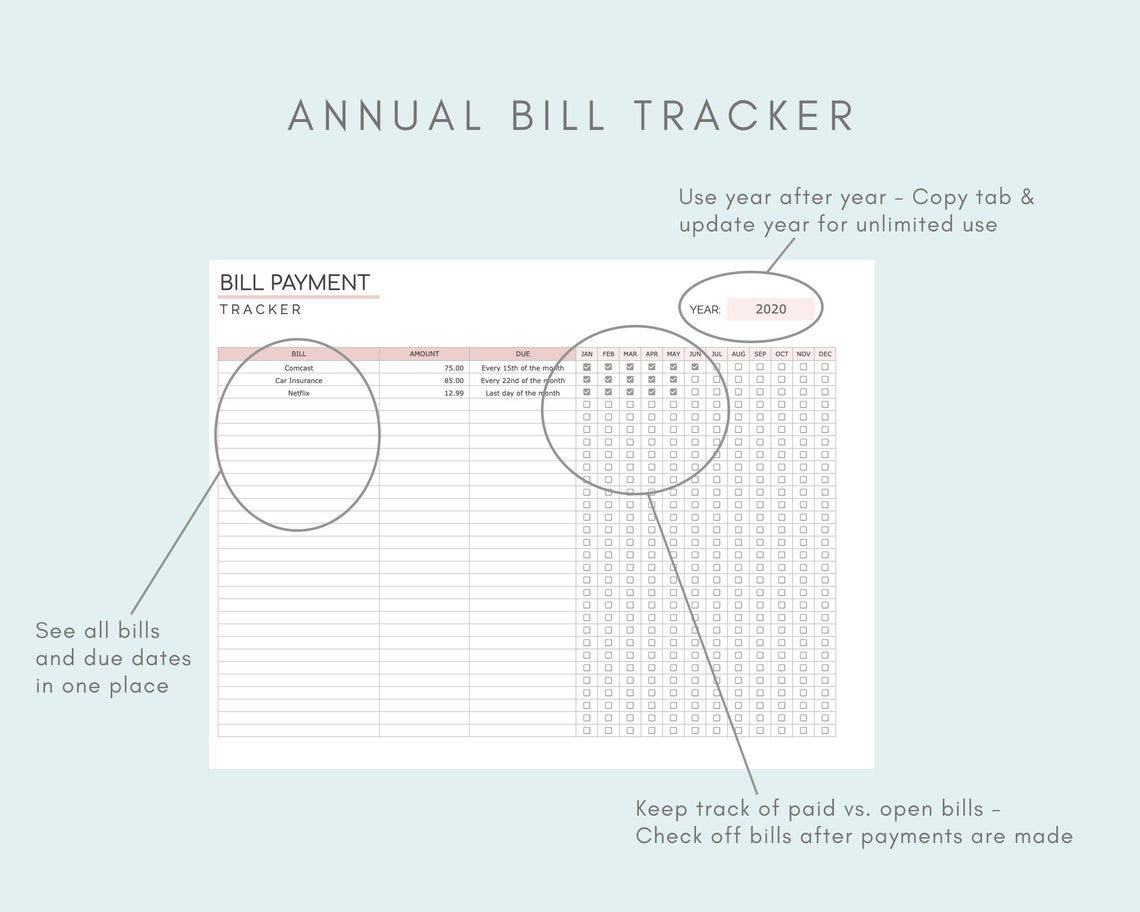 Bill Payment Tracker Spreadsheet Bill Pay Organizer Template - Etsy