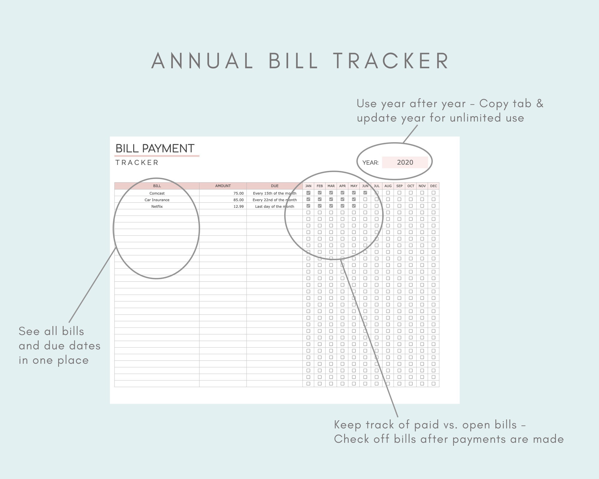 Bill Payment Tracker Spreadsheet Bill Pay Organizer Template - Etsy