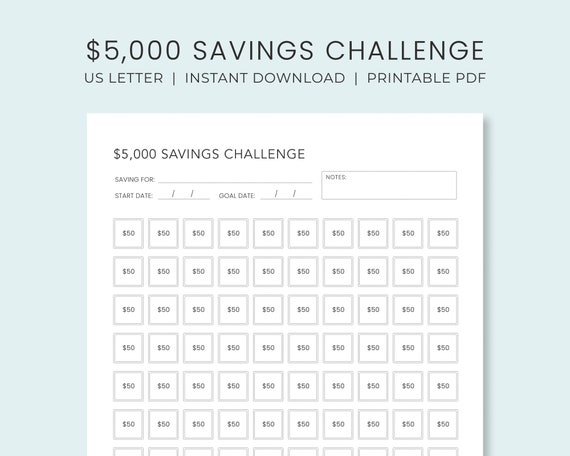 5000 Savings Challenge Tracker Printable Savings Goal | Etsy
