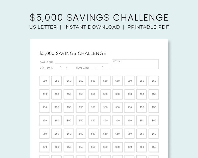 5,000 Savings Challenge Tracker Printable Savings Goal Planner Money ...